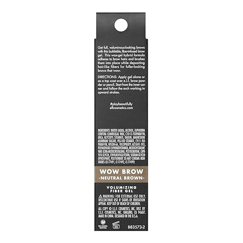 e.l.f., Wow Brow Gel, Volumizing, Buildable, Wax-Gel Hybrid, Creates Full, Voluminous-Looking Brows, Locks Brow Hairs In Place, Neutral Brown, Fiber-Infused, 0.12 Oz