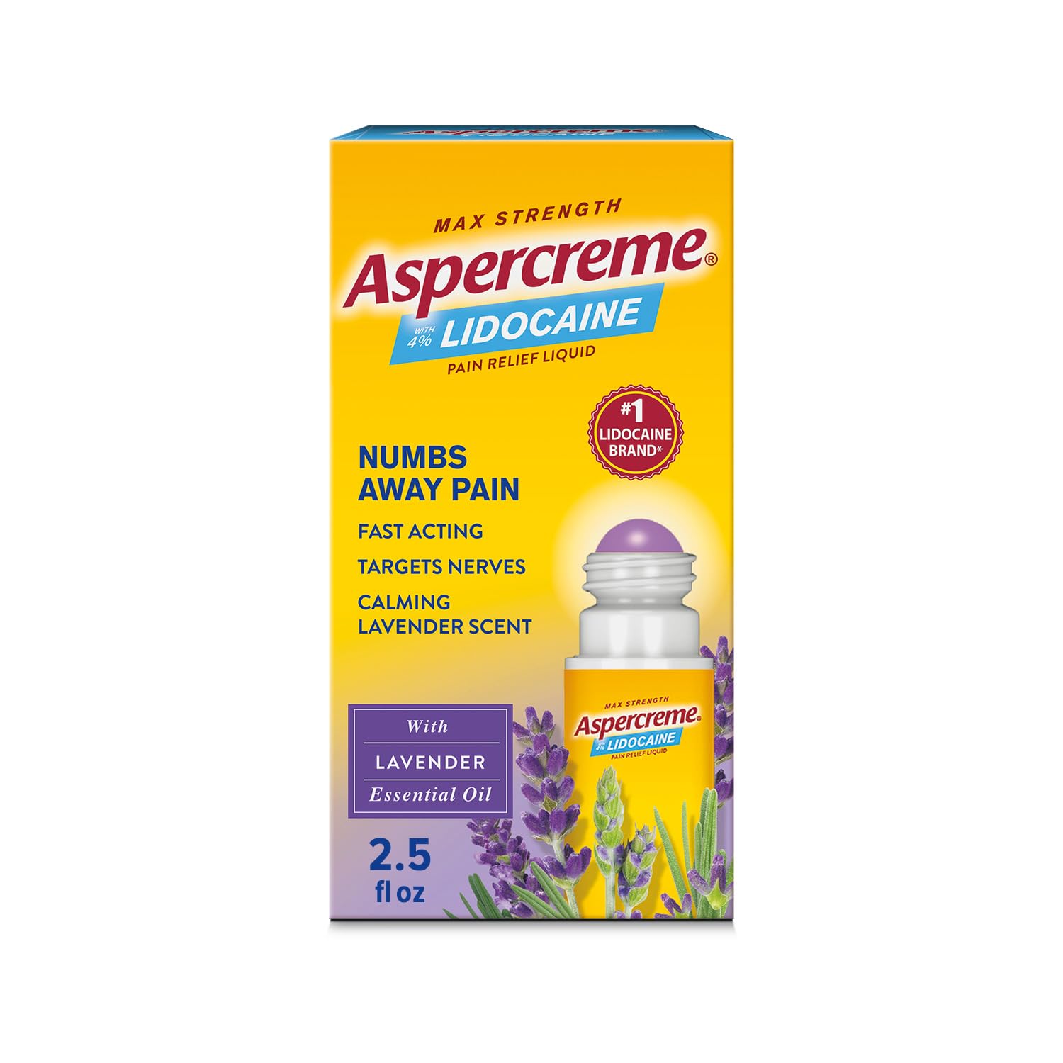 Aspercreme Essential Oils Lidocaine Pain Relief With Lavender, Roll-On No Mess Applicator, 2.5 oz.