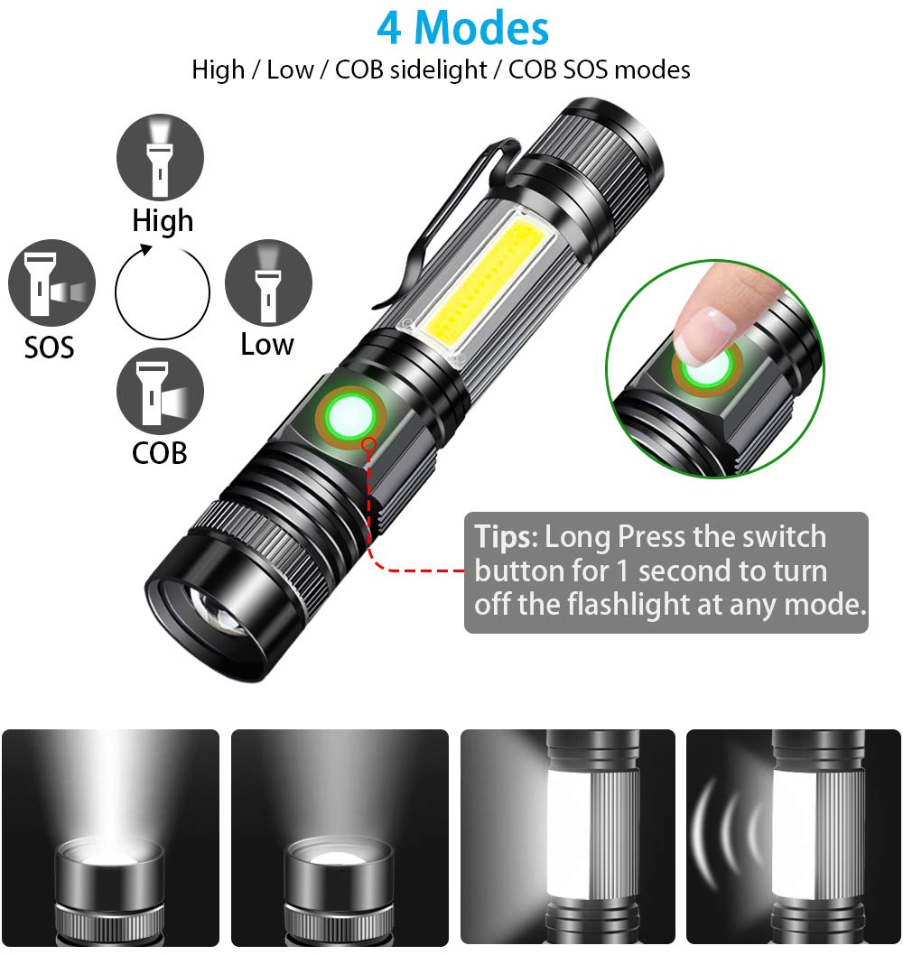 Vnina Rechargeable Tactical Flashlight, USB Magnetic Flashlights with COB Flash Light - 4 Models, Zoomable, Waterproof, LED Tactical Flashlight High Lumen Bright for Indoor Outdoor Camping 2 Pack