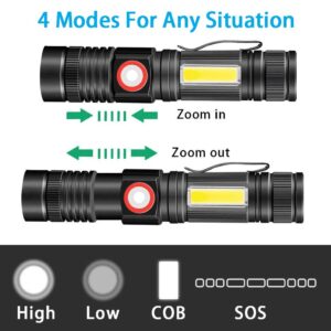 Vnina Rechargeable Tactical Flashlight, USB Magnetic Flashlights with COB Flash Light - 4 Models, Zoomable, Waterproof, LED Tactical Flashlight High Lumen Bright for Indoor Outdoor Camping 2 Pack