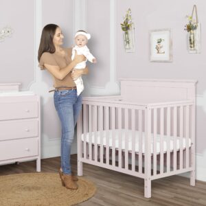 Dream On Me Ava 4-in-1 Convertible Mini Crib in Blush Pink, Greenguard Gold Certified, Non-Toxic Finish, Comes with 1" Mattress Pad, with 3 Mattress Height Settings