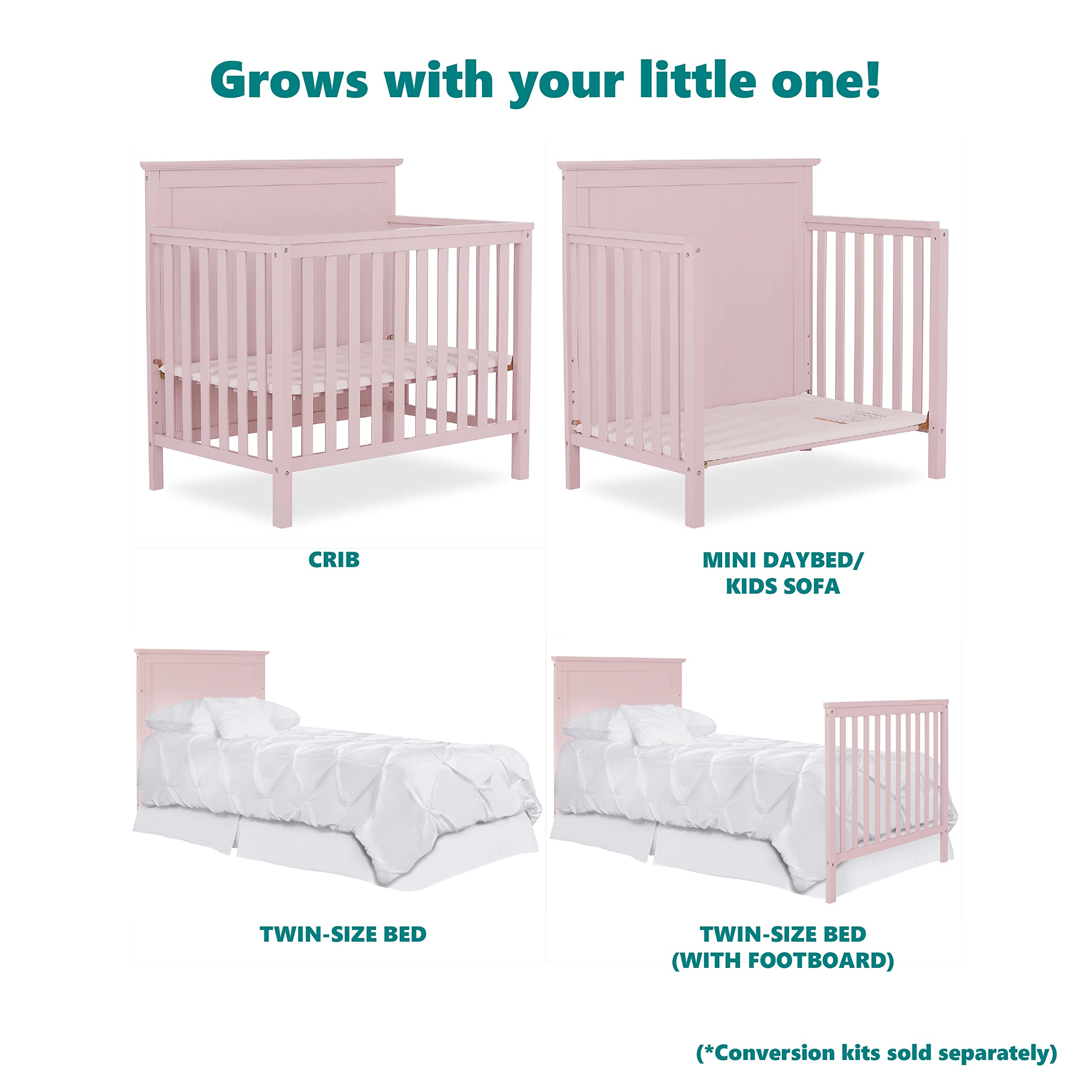 Dream On Me Ava 4-in-1 Convertible Mini Crib in Blush Pink, Greenguard Gold Certified, Non-Toxic Finish, Comes with 1" Mattress Pad, with 3 Mattress Height Settings