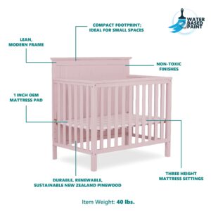 Dream On Me Ava 4-in-1 Convertible Mini Crib in Blush Pink, Greenguard Gold Certified, Non-Toxic Finish, Comes with 1" Mattress Pad, with 3 Mattress Height Settings