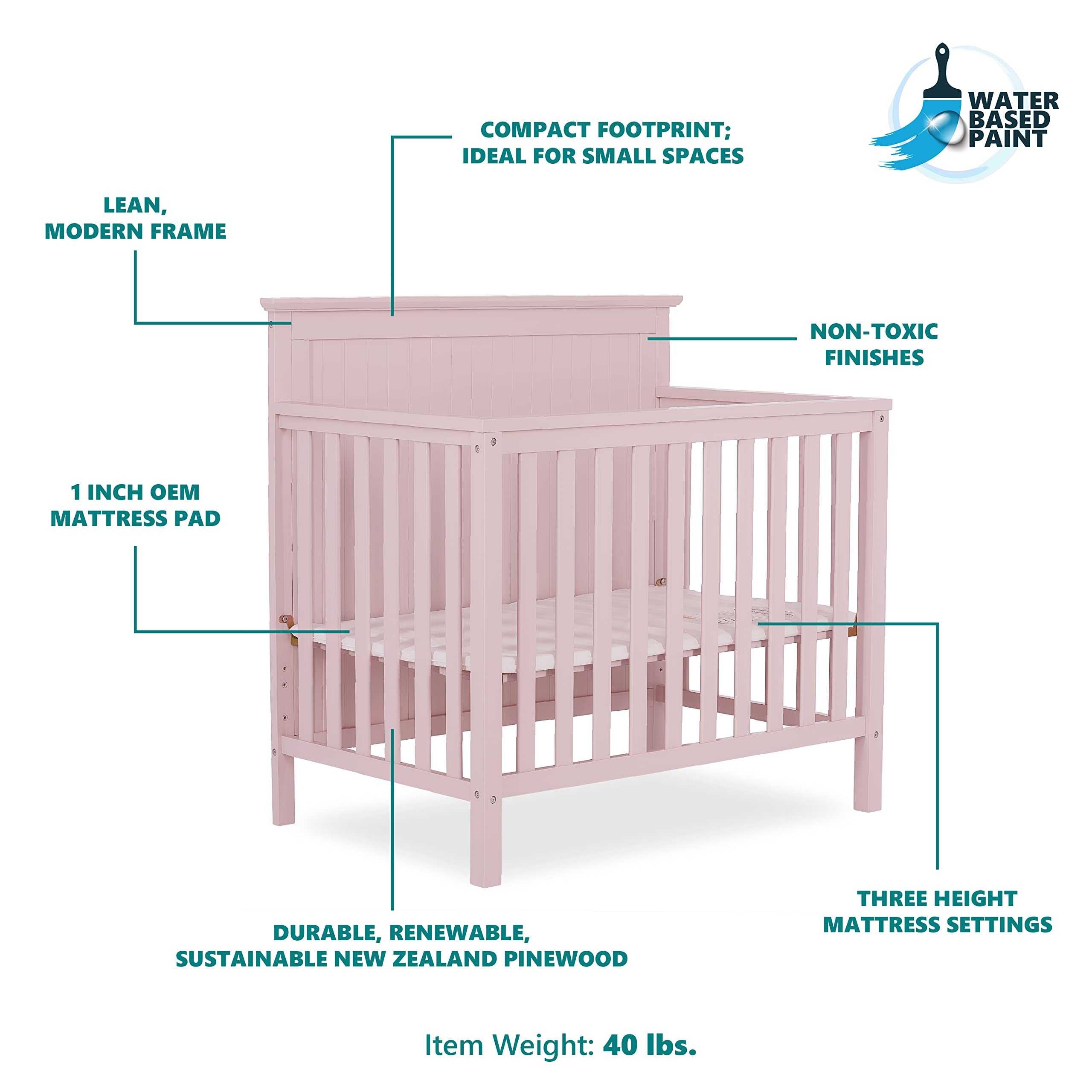 Dream On Me Ava 4-in-1 Convertible Mini Crib in Blush Pink, Greenguard Gold Certified, Non-Toxic Finish, Comes with 1" Mattress Pad, with 3 Mattress Height Settings