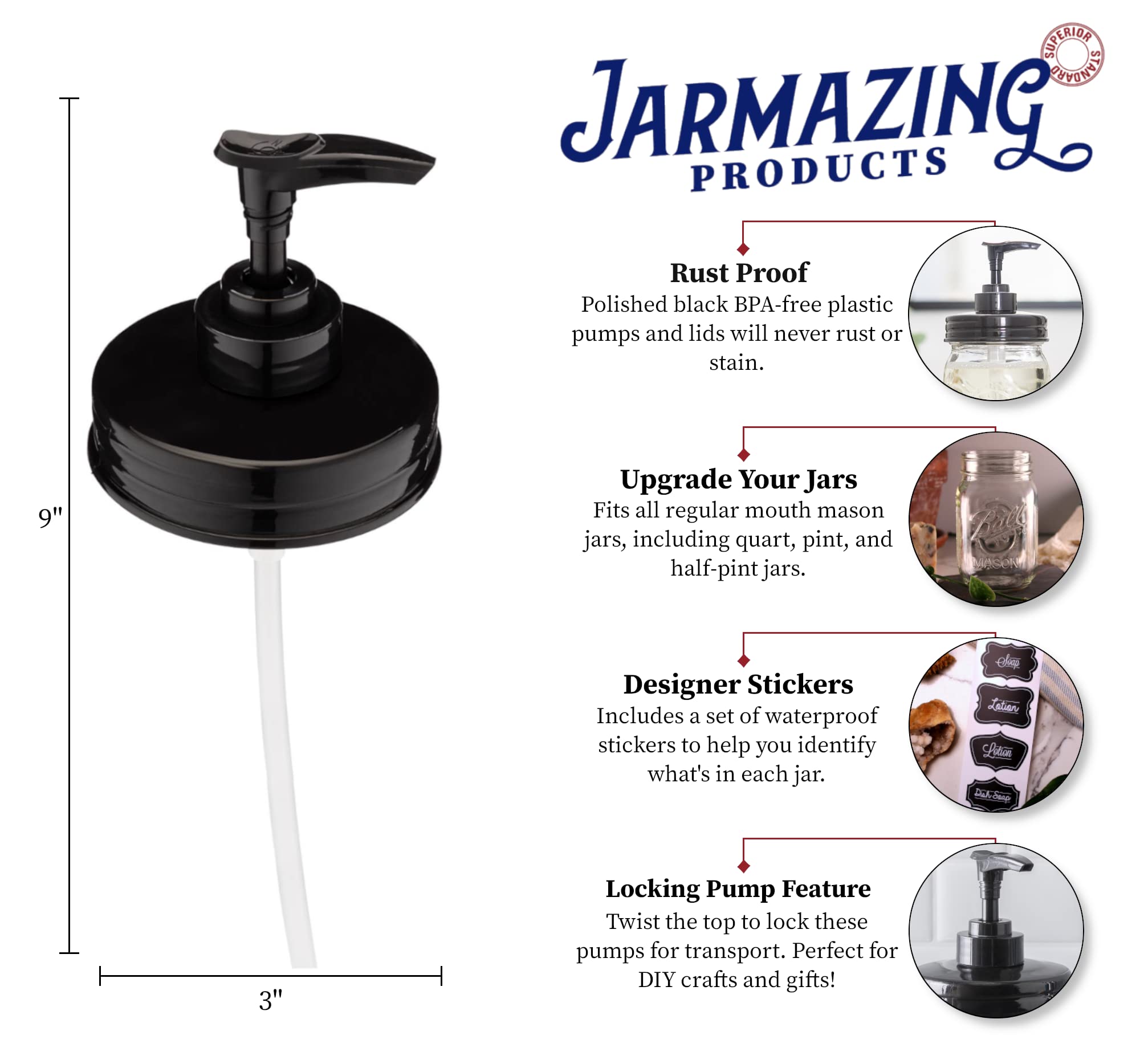 Jarmazing Products Mason Jar Soap Dispenser Lids - Plastic - Black - for All Regular Mouth Jars - 3 Pack