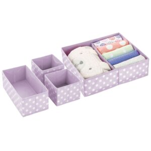 mdesign fabric 4 piece baby/kids nursery drawer organizer bins for dresser and closet organization, hold clothes, underwear, diaper, socks, lido collection, light wisteria purple/white polka dot