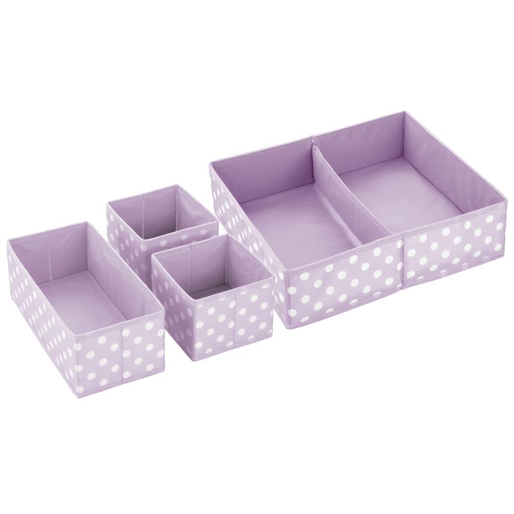 mDesign Fabric 4 Piece Baby/Kids Nursery Drawer Organizer Bins for Dresser and Closet Organization, Hold Clothes, Underwear, Diaper, Socks, Lido Collection, Light Wisteria Purple/White Polka Dot