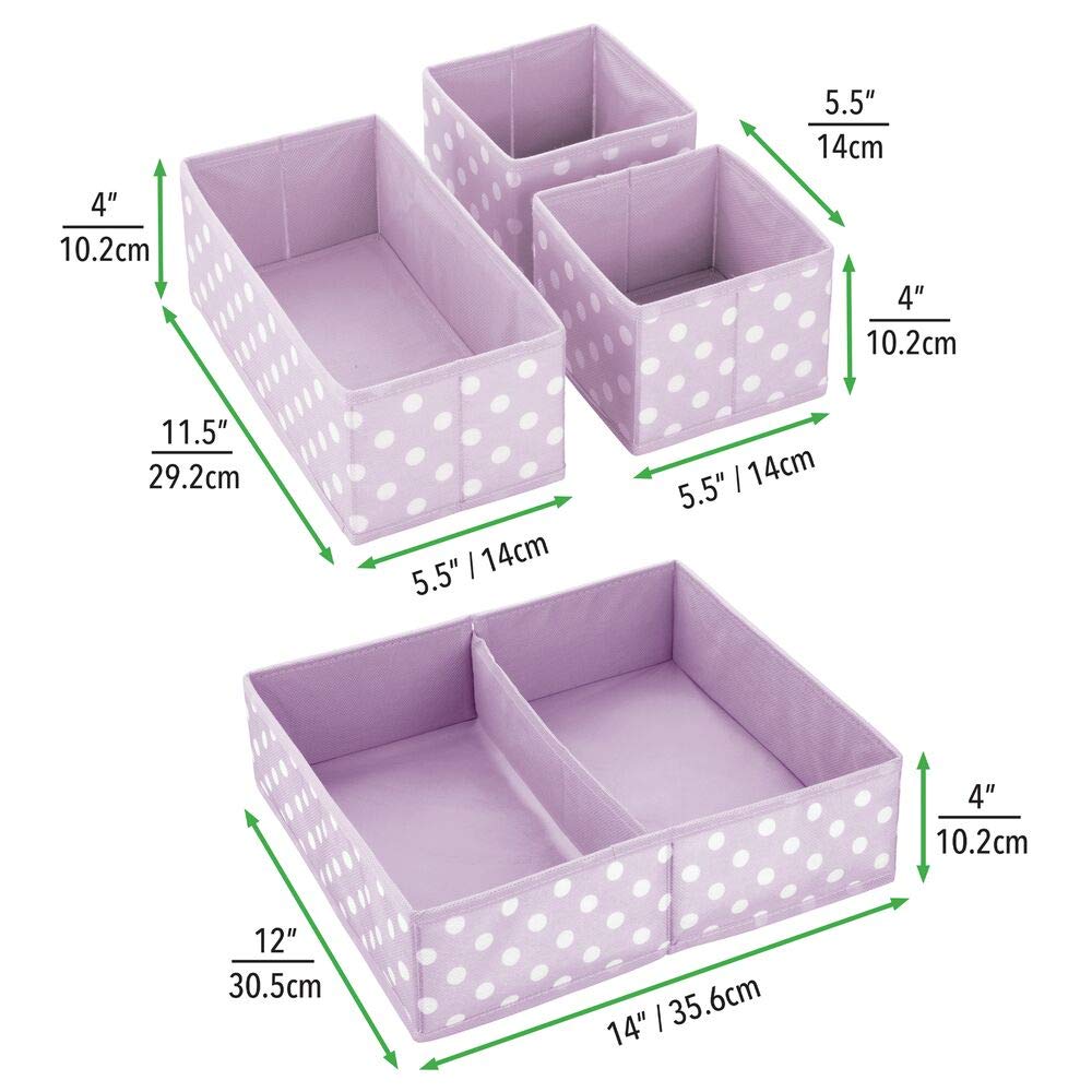 mDesign Fabric 4 Piece Baby/Kids Nursery Drawer Organizer Bins for Dresser and Closet Organization, Hold Clothes, Underwear, Diaper, Socks, Lido Collection, Light Wisteria Purple/White Polka Dot