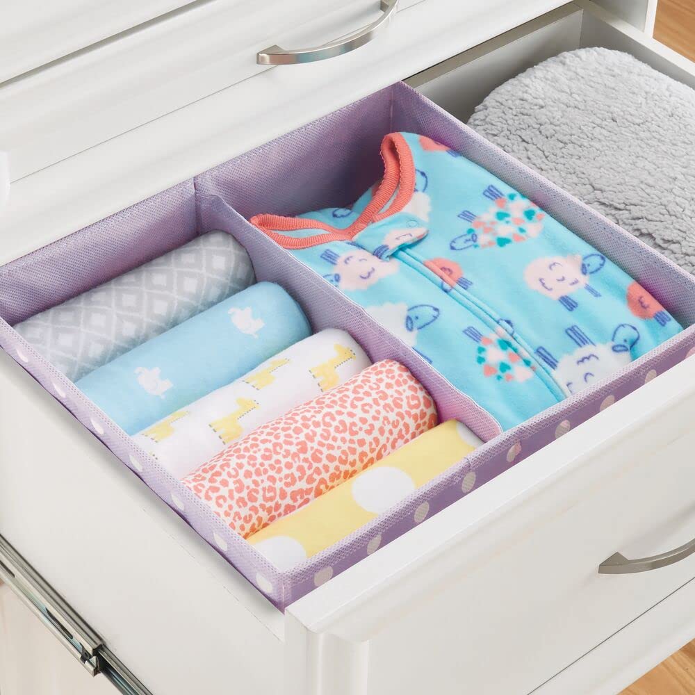 mDesign Fabric 4 Piece Baby/Kids Nursery Drawer Organizer Bins for Dresser and Closet Organization, Hold Clothes, Underwear, Diaper, Socks, Lido Collection, Light Wisteria Purple/White Polka Dot