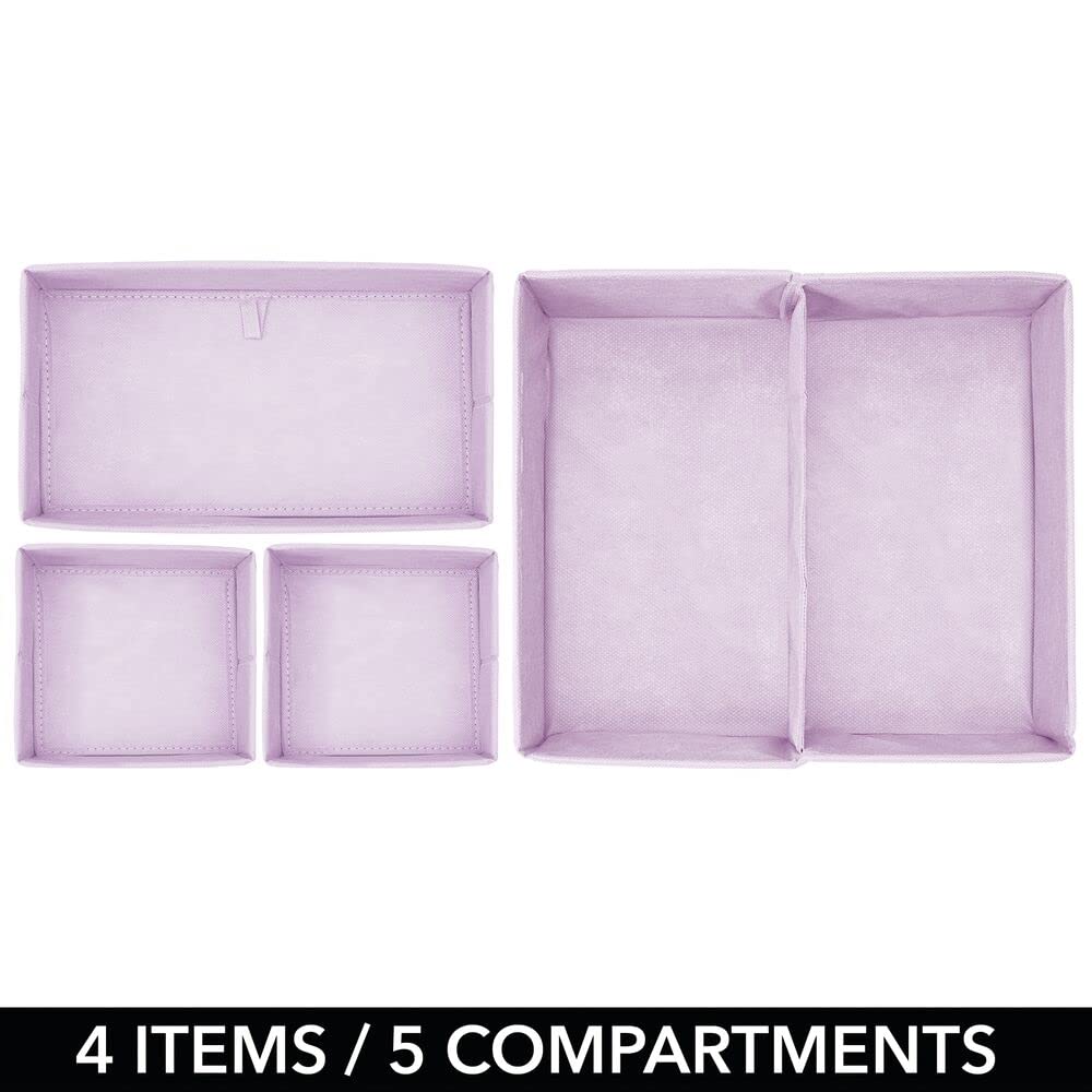 mDesign Fabric 4 Piece Baby/Kids Nursery Drawer Organizer Bins for Dresser and Closet Organization, Hold Clothes, Underwear, Diaper, Socks, Lido Collection, Light Wisteria Purple/White Polka Dot