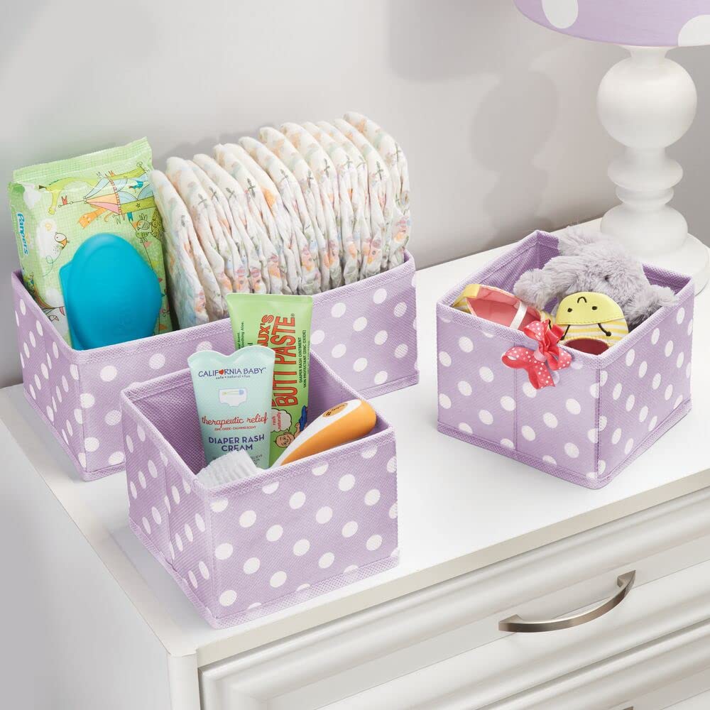 mDesign Fabric 4 Piece Baby/Kids Nursery Drawer Organizer Bins for Dresser and Closet Organization, Hold Clothes, Underwear, Diaper, Socks, Lido Collection, Light Wisteria Purple/White Polka Dot