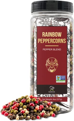 Soeos Rainbow Peppercorns, 8oz (Pack of 1), Non-GMO, Kosher, Packed to Keep Peppers Fresh, Peppercorn for Grinder Refill, Whole Peppercorns