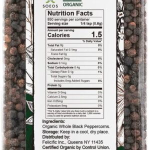 Soeos Organic Black Peppercorns, 18oz (Pack of 1), Non-GMO, Kosher, Packed to Keep Peppers Fresh, Peppercorn for Grinder Refill, Whole Peppercorns