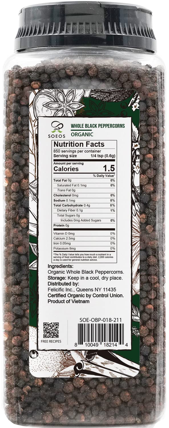 Soeos Organic Black Peppercorns, 18oz (Pack of 1), Non-GMO, Kosher, Packed to Keep Peppers Fresh, Peppercorn for Grinder Refill, Whole Peppercorns