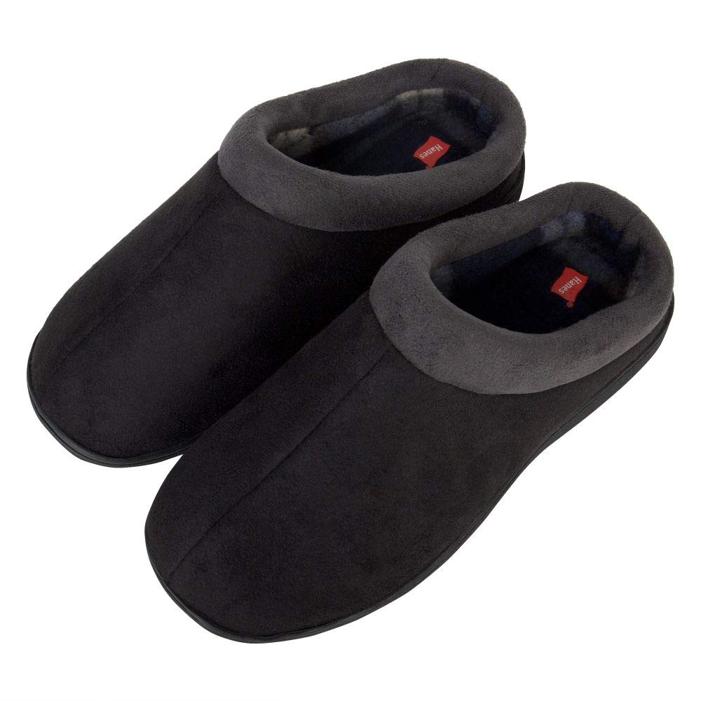 Hanes Men's Memory Foam Indoor/Outdoor Microsuede Clog Slipper Shoe, Black, Large