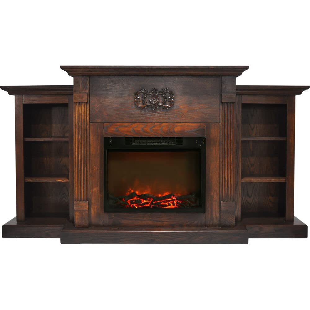 Cambridge 72-Inch Sanoma Electric Fireplace in Walnut with Built-in Bookshelves and a 1500W Charred Log Insert