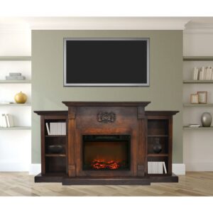 Cambridge 72-Inch Sanoma Electric Fireplace in Walnut with Built-in Bookshelves and a 1500W Charred Log Insert