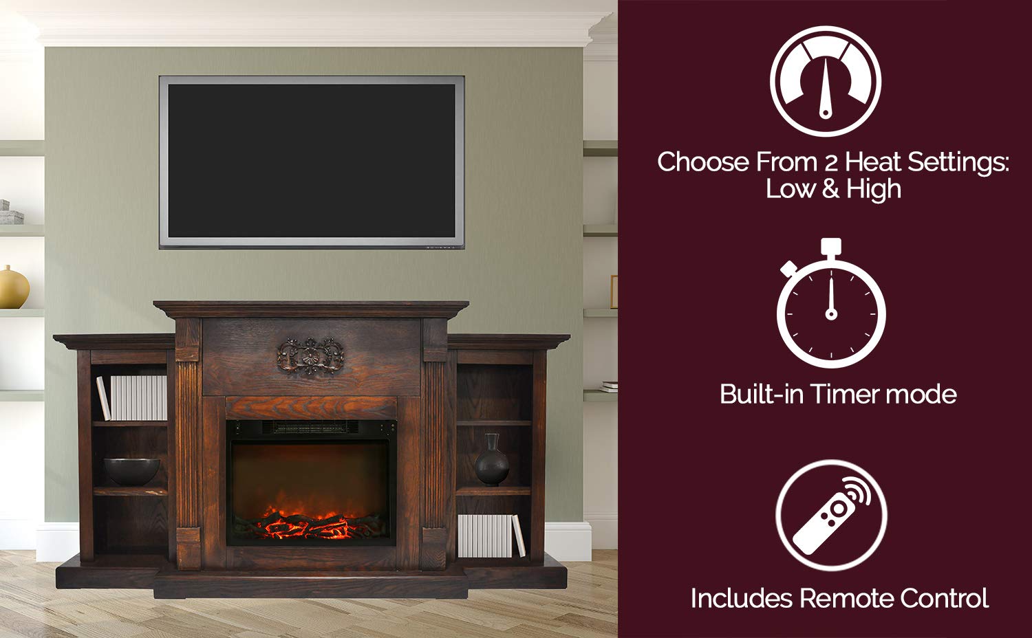 Cambridge 72-Inch Sanoma Electric Fireplace in Walnut with Built-in Bookshelves and a 1500W Charred Log Insert