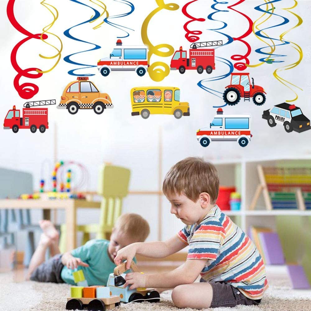 Transportation Party Hanging Swirl Decorations - 30Ct Cars Theme Happy Birthday Banner Garland for Transportation Themed Birthday Baby Shower Party Supplies