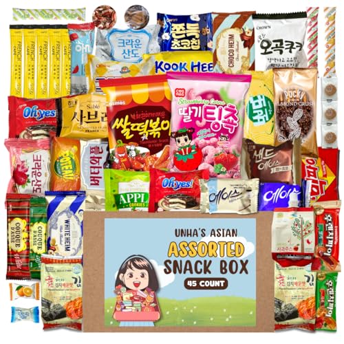 Korean Snack Box Variety Pack - 45 Count Individual Wrapped Gift Care Package Bundle Sampler Assortment Mix Candy Chips Cookies Treats for Kids Children College Students Adult