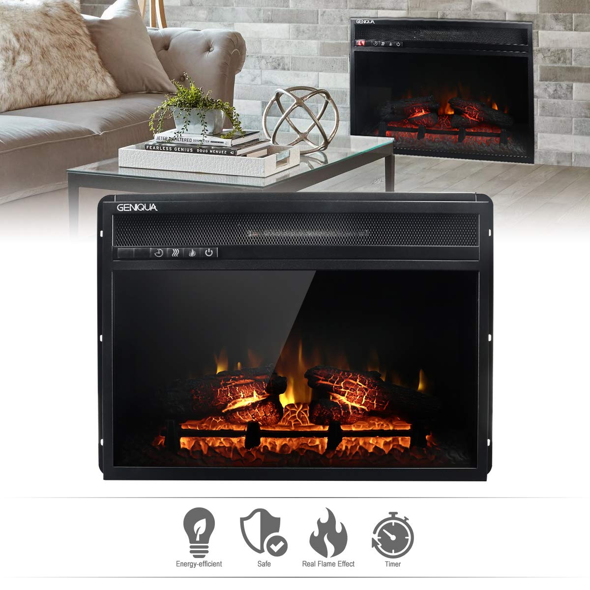 Geniqua 24" Insert/Freestanding Electric Fireplace w/Remote Heater Log LED Flame Timer