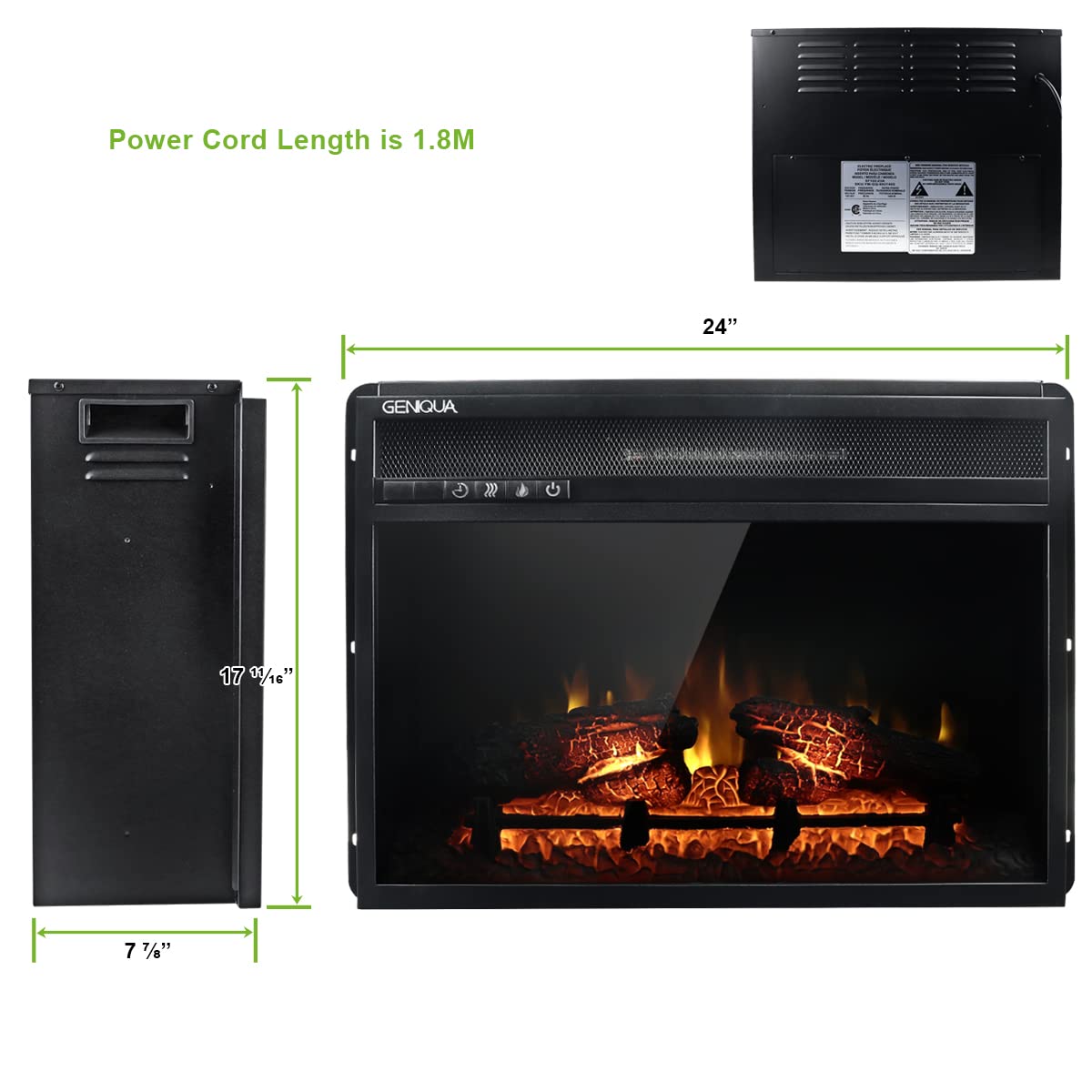 Geniqua 24" Insert/Freestanding Electric Fireplace w/Remote Heater Log LED Flame Timer