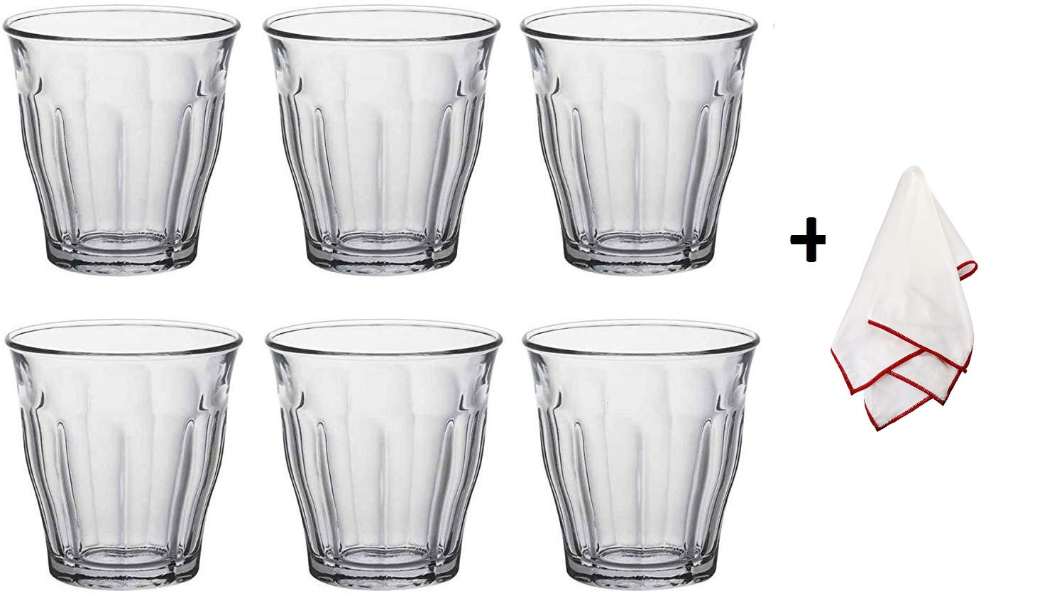 Duralex Picardie Drinking Glasses Set of 6 - Tempered Glass Tumblers with Microfiber Polishing Cloth Classic Design, Easy to Hold Duralex Glasses for Kitchen, Dining Table (7.5 Oz.)