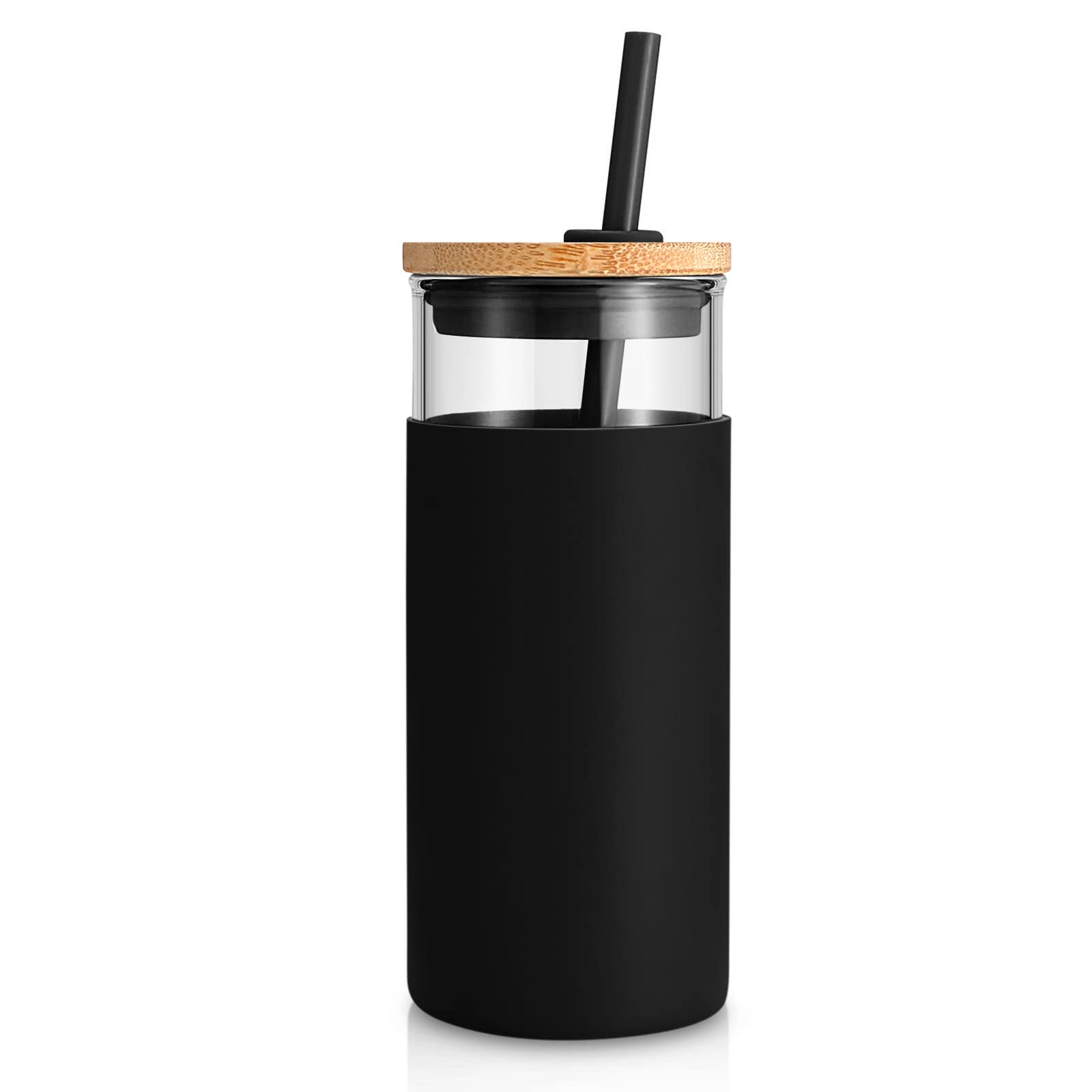 Tronco 20 oz Glass Tumbler Glass Water Bottle Straw Silicone Protective Sleeve Bamboo Lid - BPA Free -Black