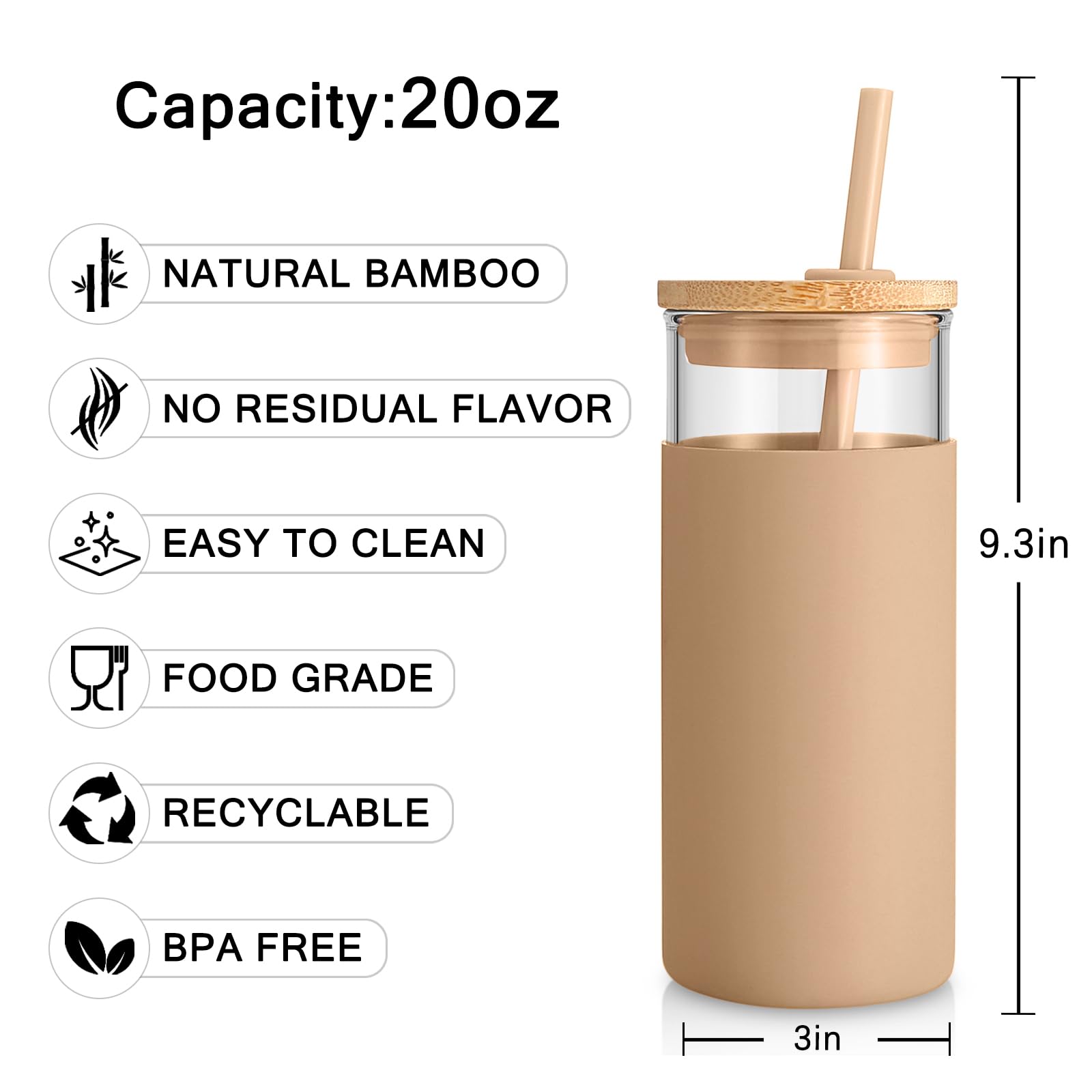 Tronco 20 oz Glass Tumbler Glass Water Bottle Straw Silicone Protective Sleeve Bamboo Lid - BPA Free -Black