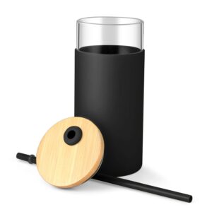 Tronco 20 oz Glass Tumbler Glass Water Bottle Straw Silicone Protective Sleeve Bamboo Lid - BPA Free -Black