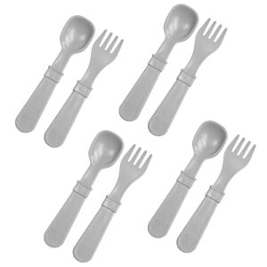 re-play made in usa toddler forks and spoons, pack of 8 without carrying case - 4 kids forks with rounded tips and 4 deep scoop toddler spoons - 0.2" thick toddler utensils, grey