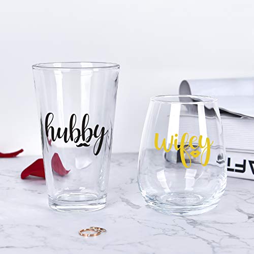 Wifey Hubby Stemless Wine Glass and Beer Glass, Couple Glasses for Couples Newlyweds Wife and Husband Mr and Mrs, Idea for Wedding Bridal Shower Engagement Party Anniversary Valentine’s Day