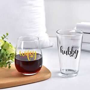 Wifey Hubby Stemless Wine Glass and Beer Glass, Couple Glasses for Couples Newlyweds Wife and Husband Mr and Mrs, Idea for Wedding Bridal Shower Engagement Party Anniversary Valentine’s Day