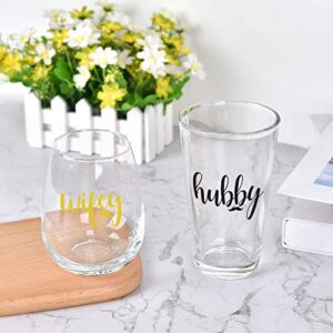 Wifey Hubby Stemless Wine Glass and Beer Glass, Couple Glasses for Couples Newlyweds Wife and Husband Mr and Mrs, Idea for Wedding Bridal Shower Engagement Party Anniversary Valentine’s Day