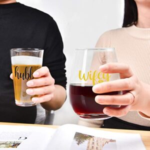 Wifey Hubby Stemless Wine Glass and Beer Glass, Couple Glasses for Couples Newlyweds Wife and Husband Mr and Mrs, Idea for Wedding Bridal Shower Engagement Party Anniversary Valentine’s Day