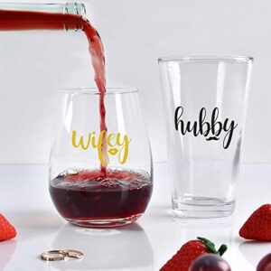 Wifey Hubby Stemless Wine Glass and Beer Glass, Couple Glasses for Couples Newlyweds Wife and Husband Mr and Mrs, Idea for Wedding Bridal Shower Engagement Party Anniversary Valentine’s Day