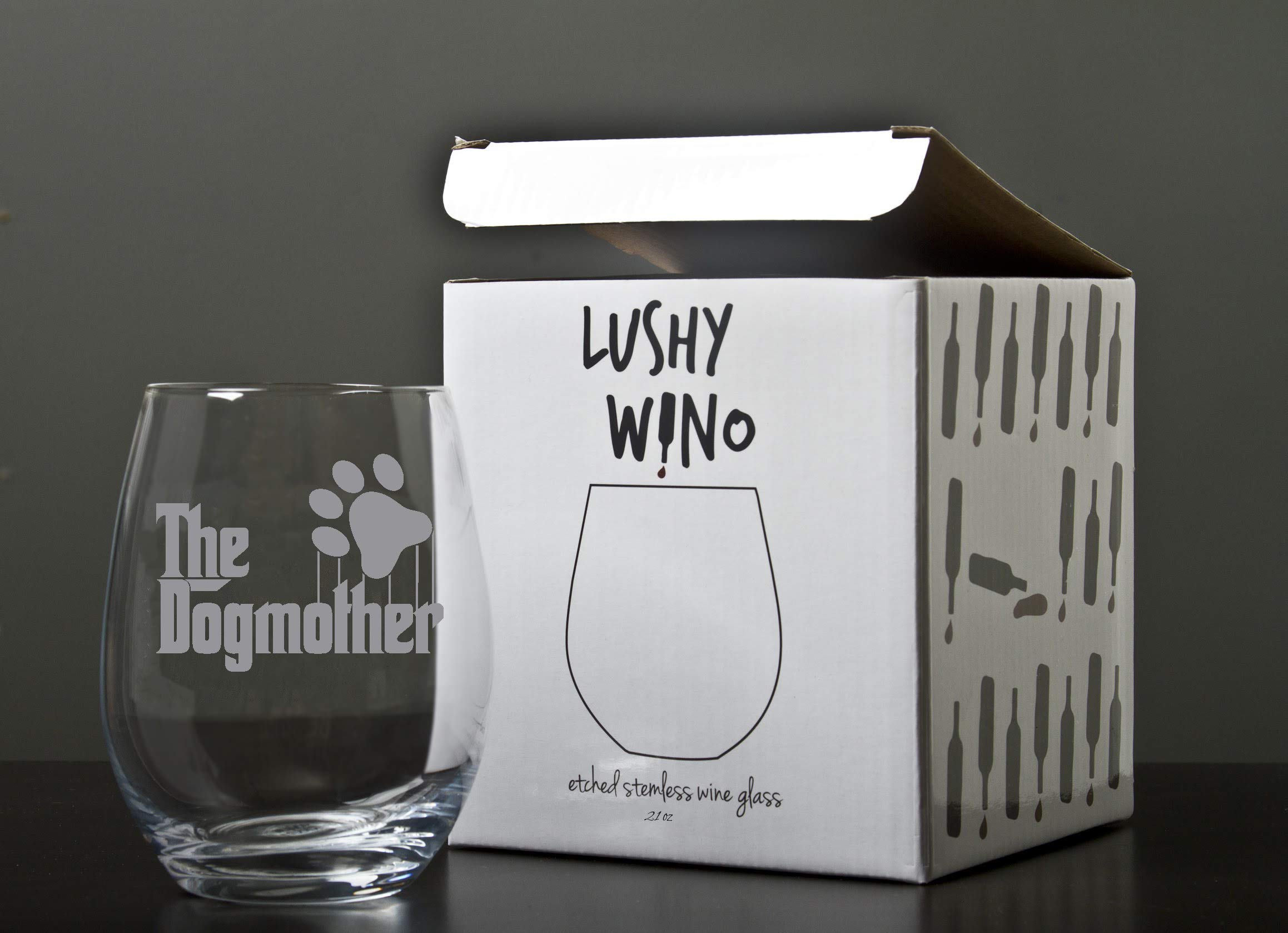 Lushy Wino – The Dog Mother – Cute, Novelty Etched Stemless 18-Ounce Wine Glass with Funny Sayings in Gift Box