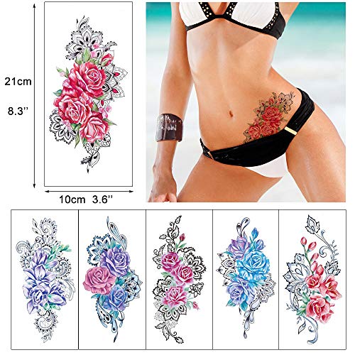 Glaryyears Temporary Tattoos for Women Female, 18-Pack Large Big Fake Tattoos, Long-lasting Flower Tattoos, Floral Design Variety Pack Realistic Tattoos 3D, Sexy for Body Arm Chest Shoulder Thigh