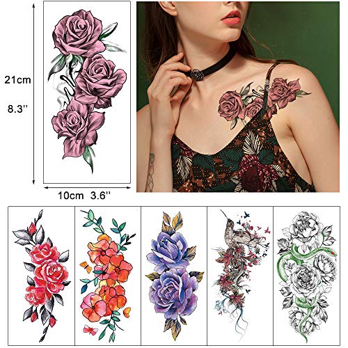 Glaryyears Temporary Tattoos for Women Female, 18-Pack Large Big Fake Tattoos, Long-lasting Flower Tattoos, Floral Design Variety Pack Realistic Tattoos 3D, Sexy for Body Arm Chest Shoulder Thigh