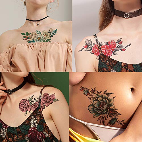 Glaryyears Temporary Tattoos for Women Female, 18-Pack Large Big Fake Tattoos, Long-lasting Flower Tattoos, Floral Design Variety Pack Realistic Tattoos 3D, Sexy for Body Arm Chest Shoulder Thigh