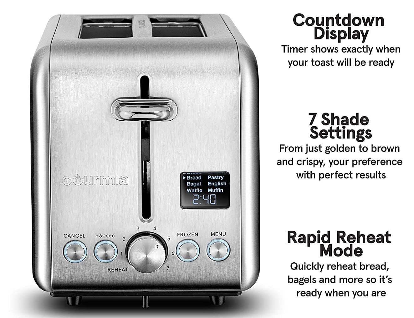 Gourmia Digital Toaster with 5 Toast Functions, Including Waffle, English Muffin and Pastry, 7 Shade Settings, Rapid Reheat Mode and Extra Wide Slots - Stainless Steel GDT2445 (Brushed Stainless)