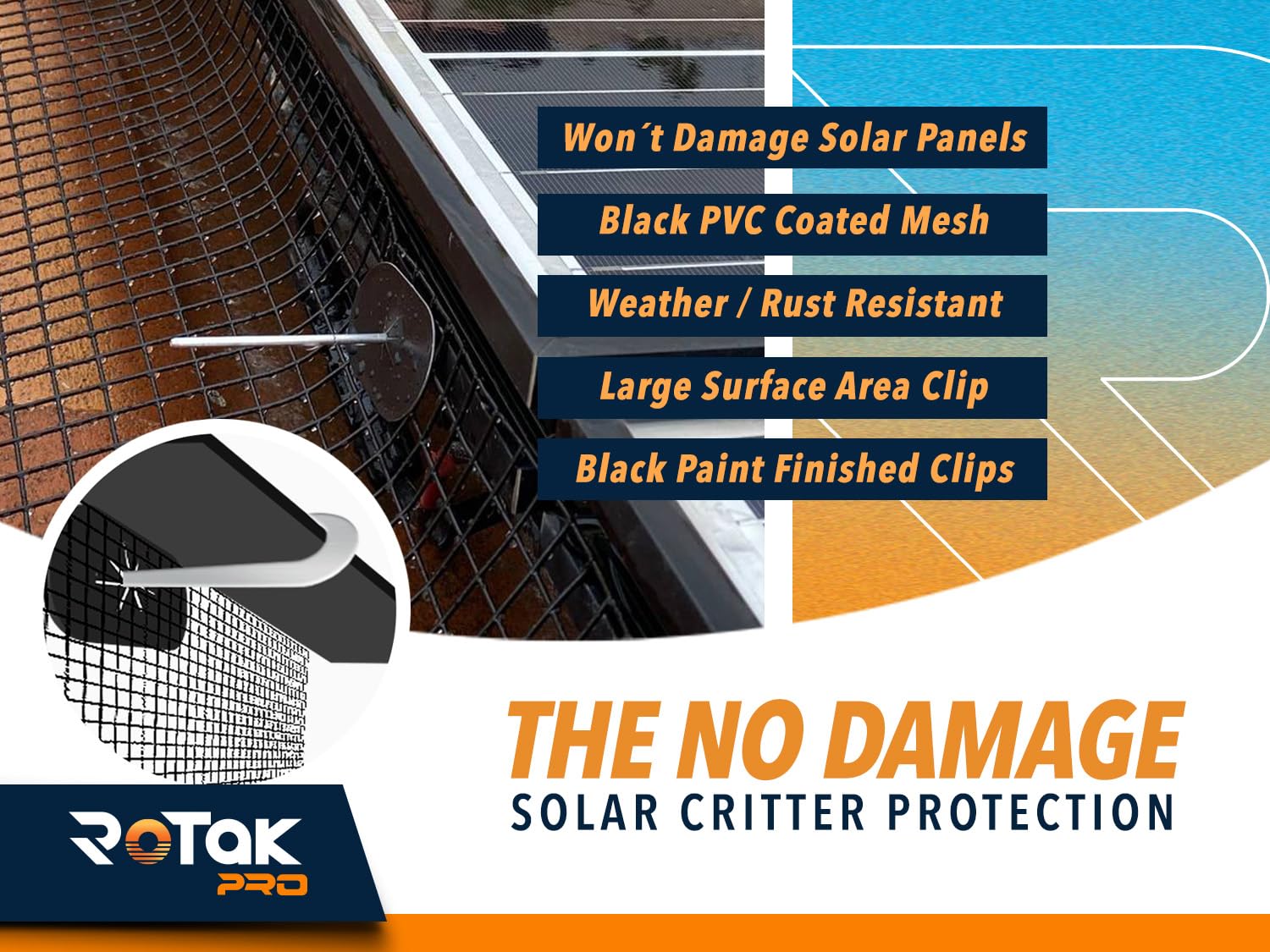 Rotak Critter Guard PRO | 8in x 100ft Solar Panel Bird Prevention Roll Kit with 100 Fastener Clips | Heavy Duty Galvanized Black PVC Coated ½ inch Wire Roll Mesh (8" PRO + 100 Clips)