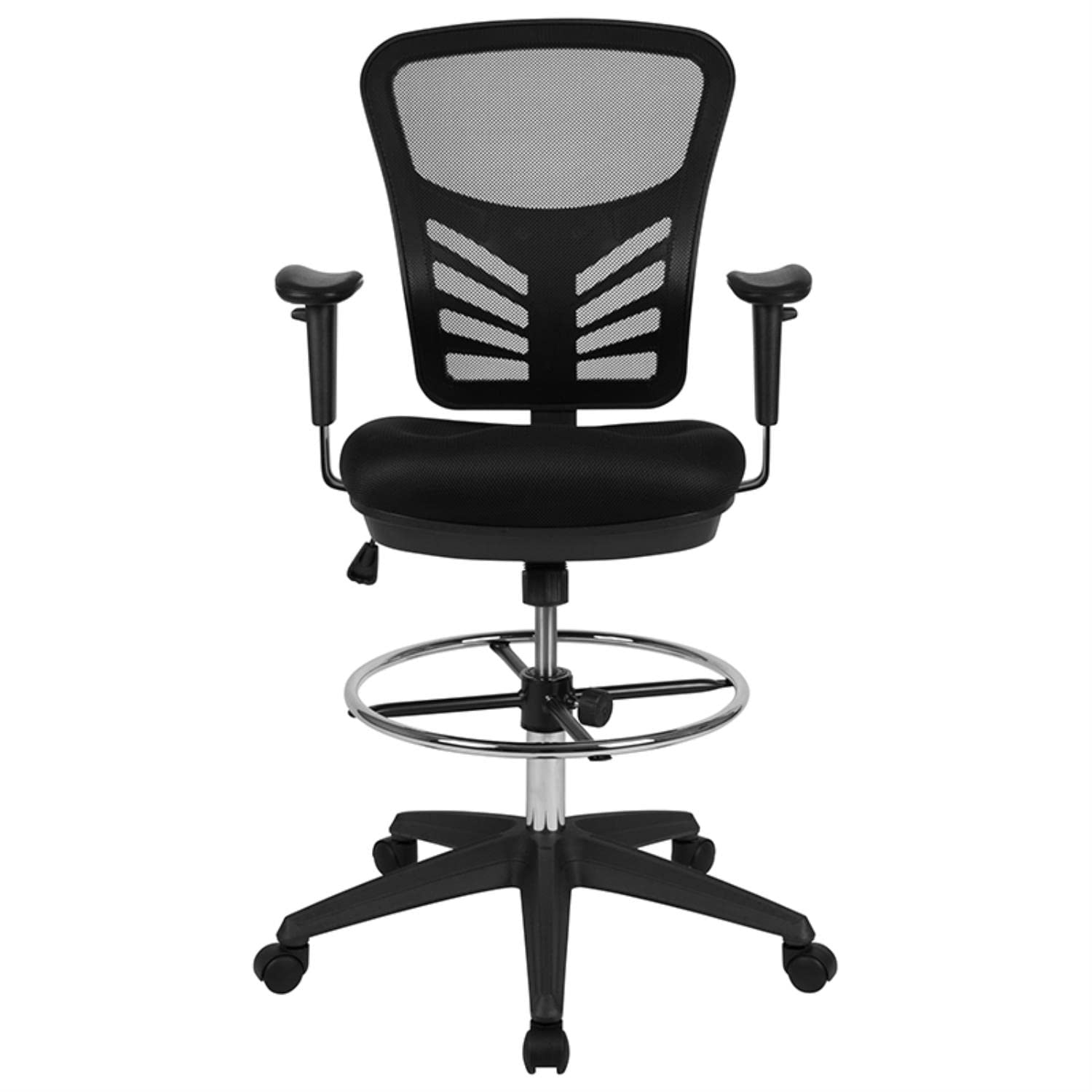 Flash Furniture Tyler Mid-Back Black Mesh Ergonomic Drafting Chair with Adjustable Chrome Foot Ring, Adjustable Arms and Black Frame