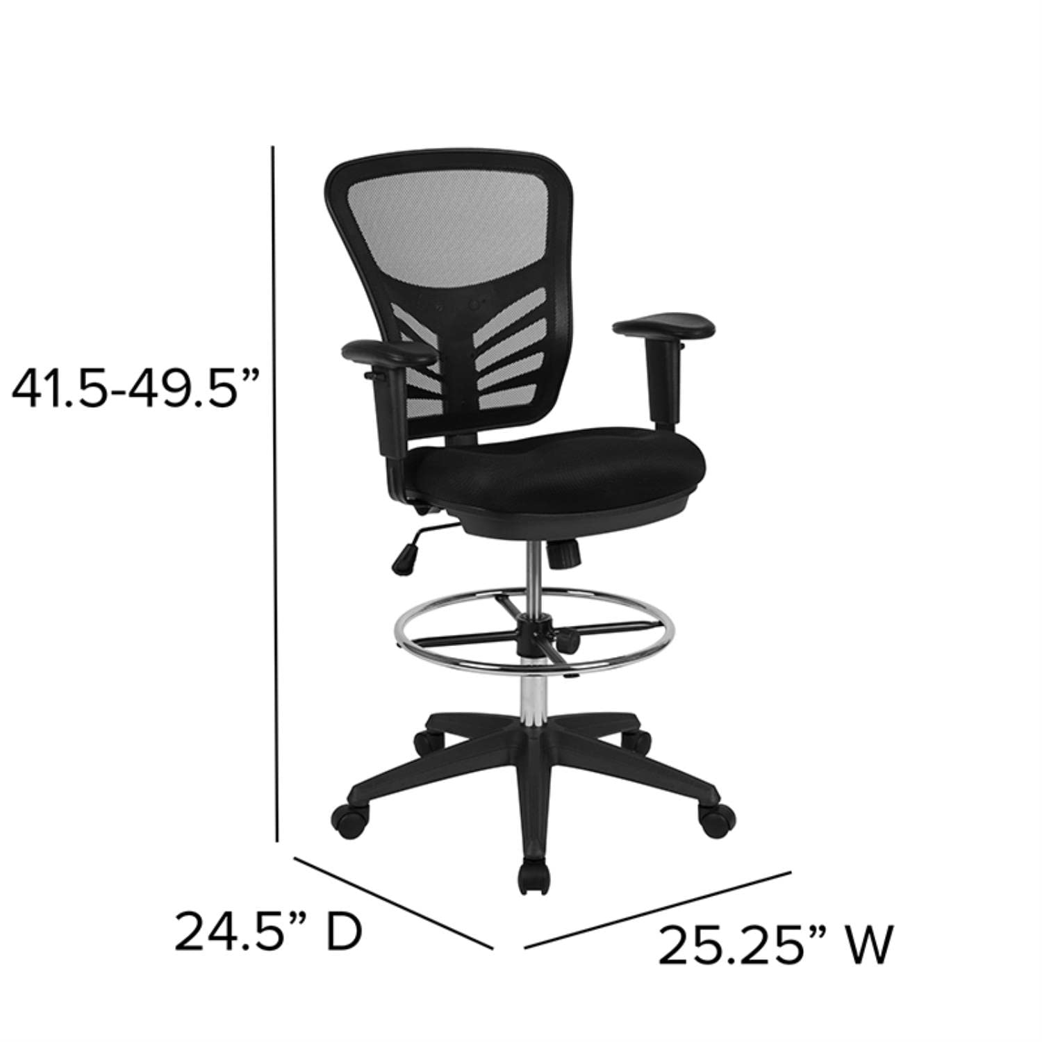 Flash Furniture Tyler Mid-Back Black Mesh Ergonomic Drafting Chair with Adjustable Chrome Foot Ring, Adjustable Arms and Black Frame