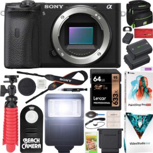 sony a6600 mirrorless camera 4k aps-c body only interchangeable lens camera ilce-6600b with deco gear case + extra battery + flash + wireless remote + 64gb memory card + software + accessories bundle