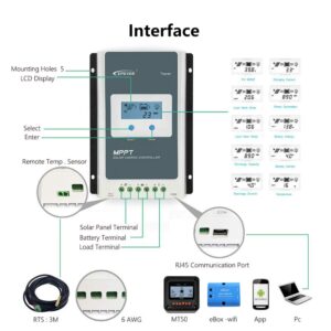 EPEVER 40A MPPT Solar Charge Controller 12/24V DC Automatically Identifying System Voltage Common Negative Grounding Compitable with Lead-Acid and Lithium Batteries