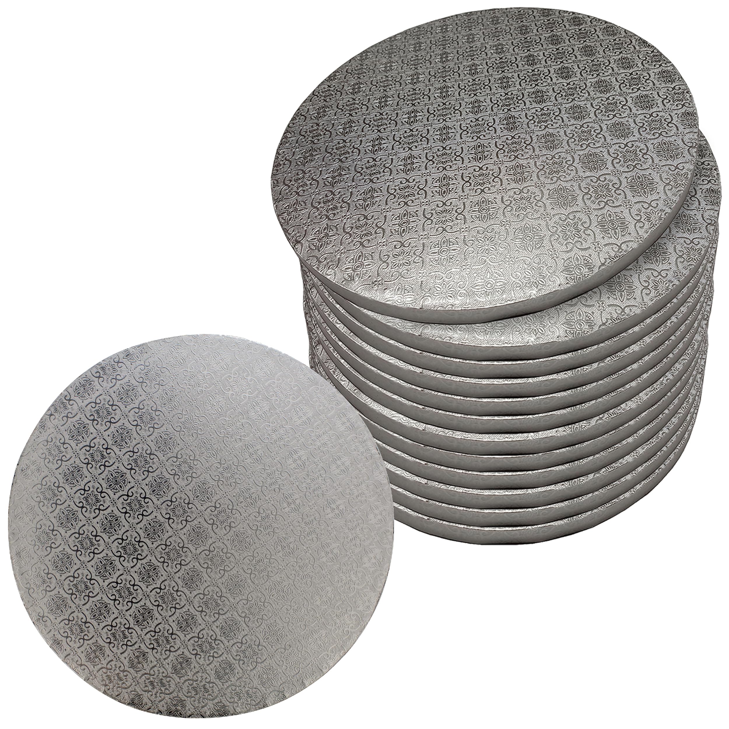 Spec101 Round Cake Boards Bulk 12pk - 10 Inch Cake Drum Round Silver Cardboard Base with 1/2 Inch Thick Smooth Foil Edge