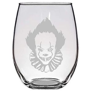 hat shark we all float down here horror movie clown - laser engraved stemless wine glasses