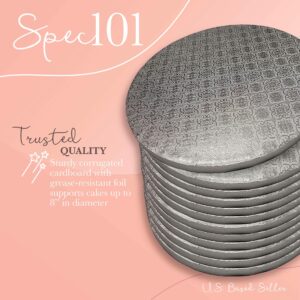 Spec101 Round Cake Boards Bulk 12pk - 10 Inch Cake Drum Round Silver Cardboard Base with 1/2 Inch Thick Smooth Foil Edge