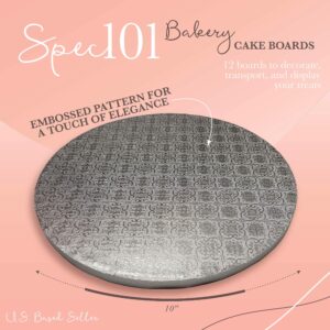 Spec101 Round Cake Boards Bulk 12pk - 10 Inch Cake Drum Round Silver Cardboard Base with 1/2 Inch Thick Smooth Foil Edge